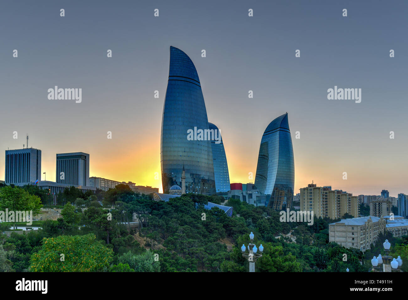 The Flame Towers in Baku, Azerbaijan. A view of the city skyline on a ...