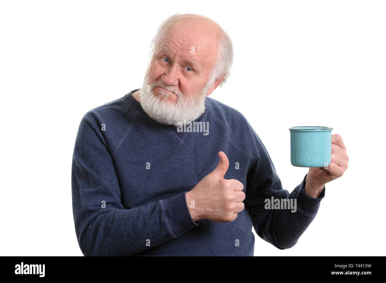 elderly man with cup of bad tea or coffee showing thumb up isolated on ...