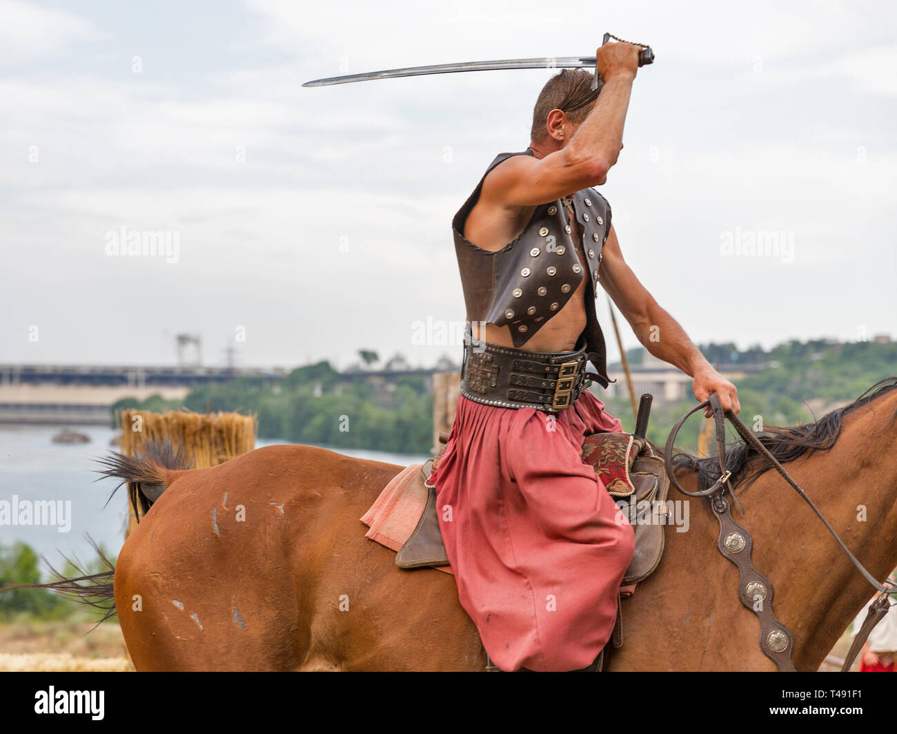 KHORTYTSIA, UKRAINE - JULY 03, 2018: Ukrainian Cossack horseman with ...