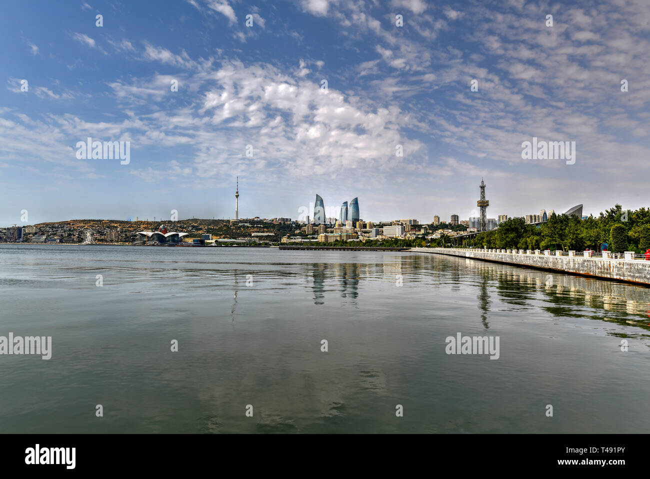 View from Baku Boulevard Park of the city skyline in Baku, Azerbaijan ...