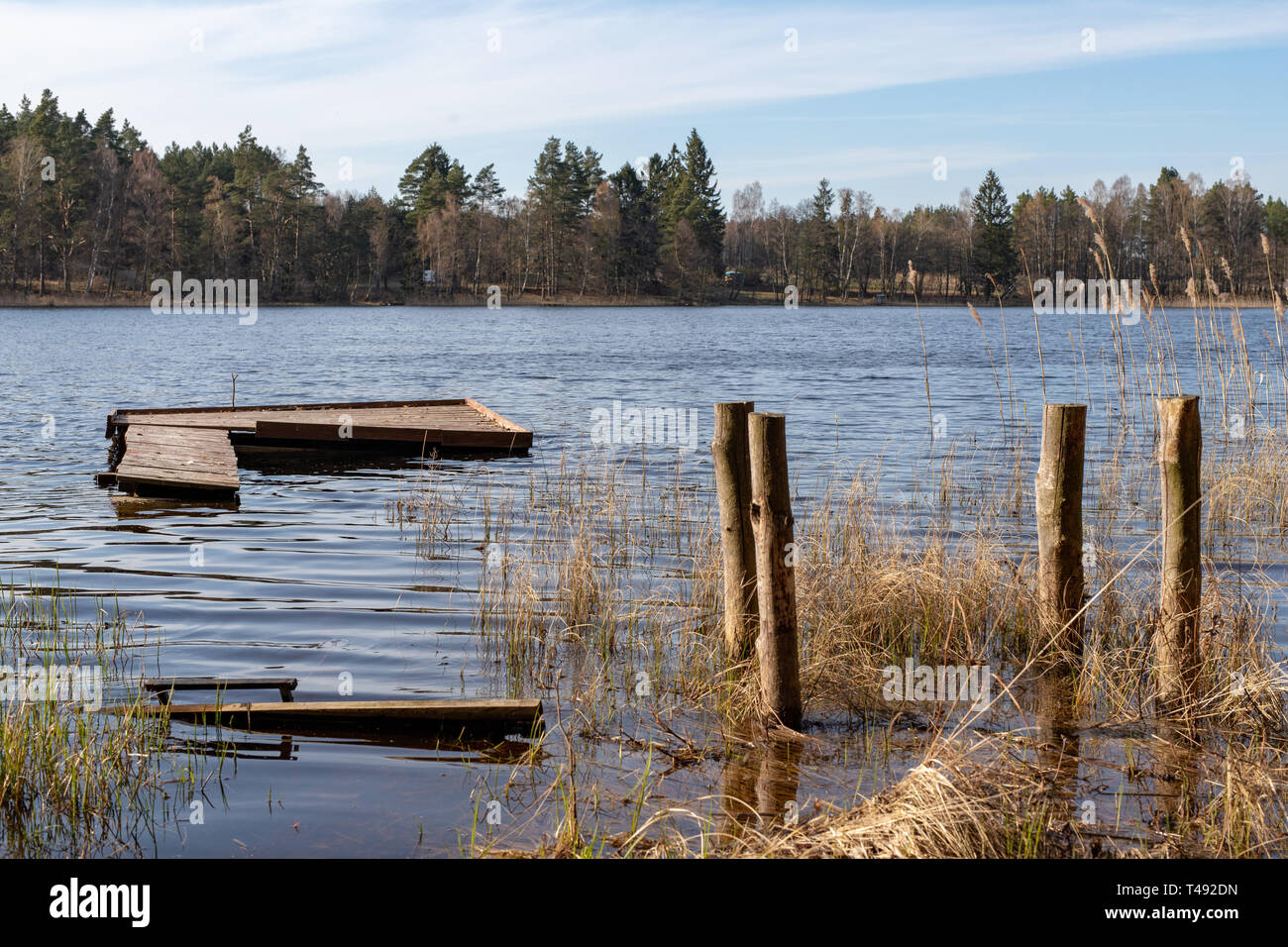 A wooden fishing bridge over a small lake. A place to catch fish ...
