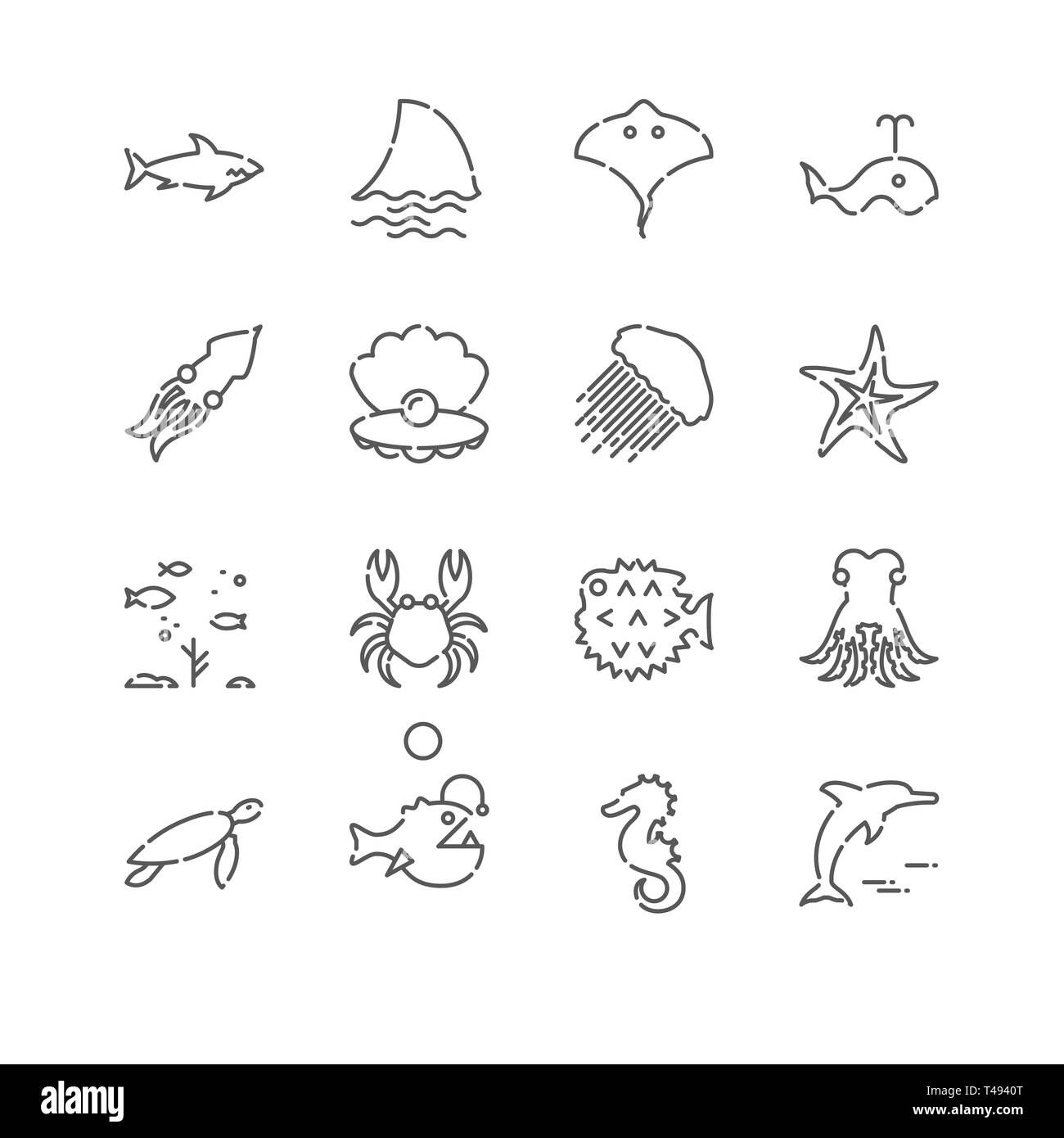 Line Icon Set. Marine Life Related Linear Icons. Sea Animals Symbols ...