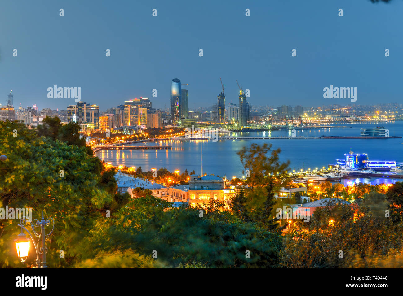 Panoramic skyline of the city of Baku, Azerbaijan at dusk Stock Photo ...