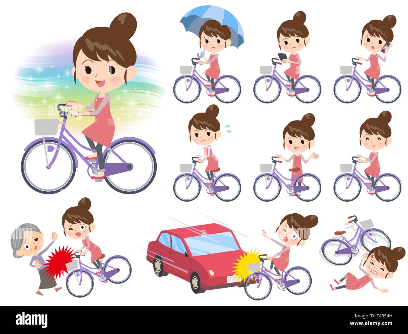 A set of mom riding a city cycle.There are actions on manners and ...