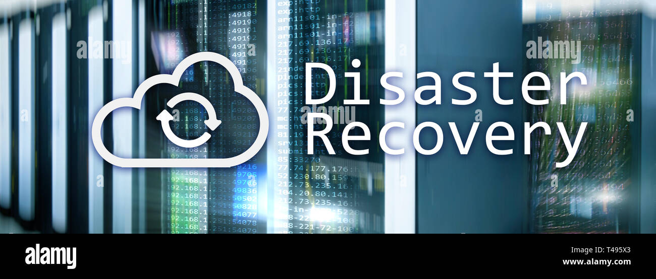Technology banner. DIsaster recovery. Data loss prevention. Server room ...