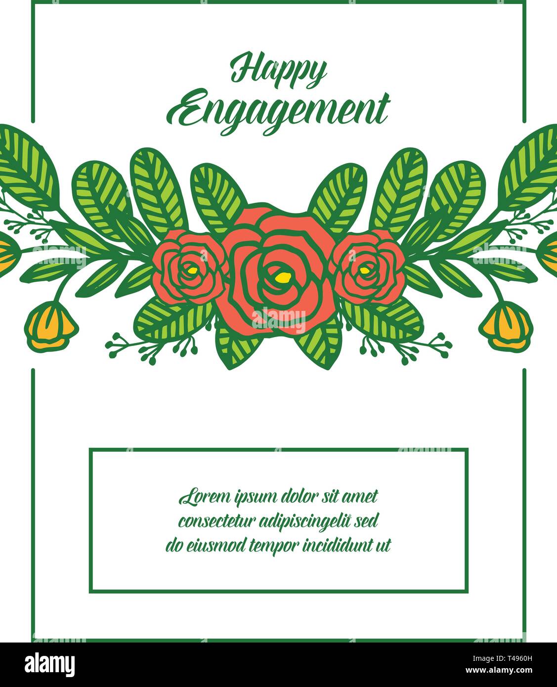 Vector illustration wreath frame with invitation of happy engagement ...