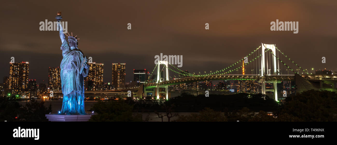 Beautiful night view of Odaiba, Tokyo Tower and Rainbow Bridge in Tokyo ...