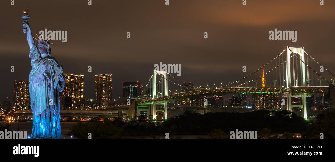 Beautiful night view of Odaiba, Tokyo Tower and Rainbow Bridge in Tokyo ...