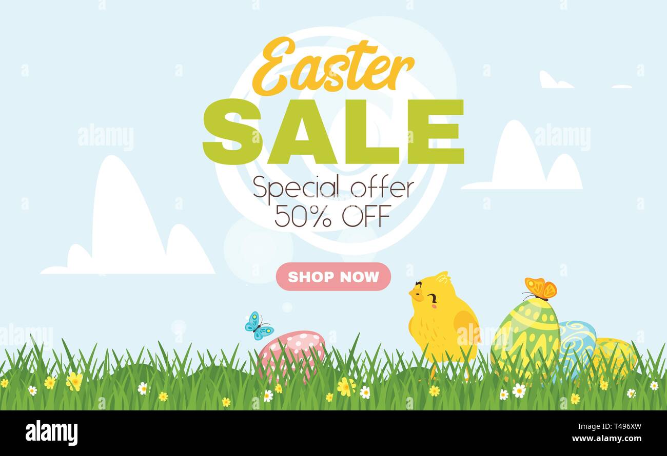 Easter Sale design template for banner of greeting card with grass ...