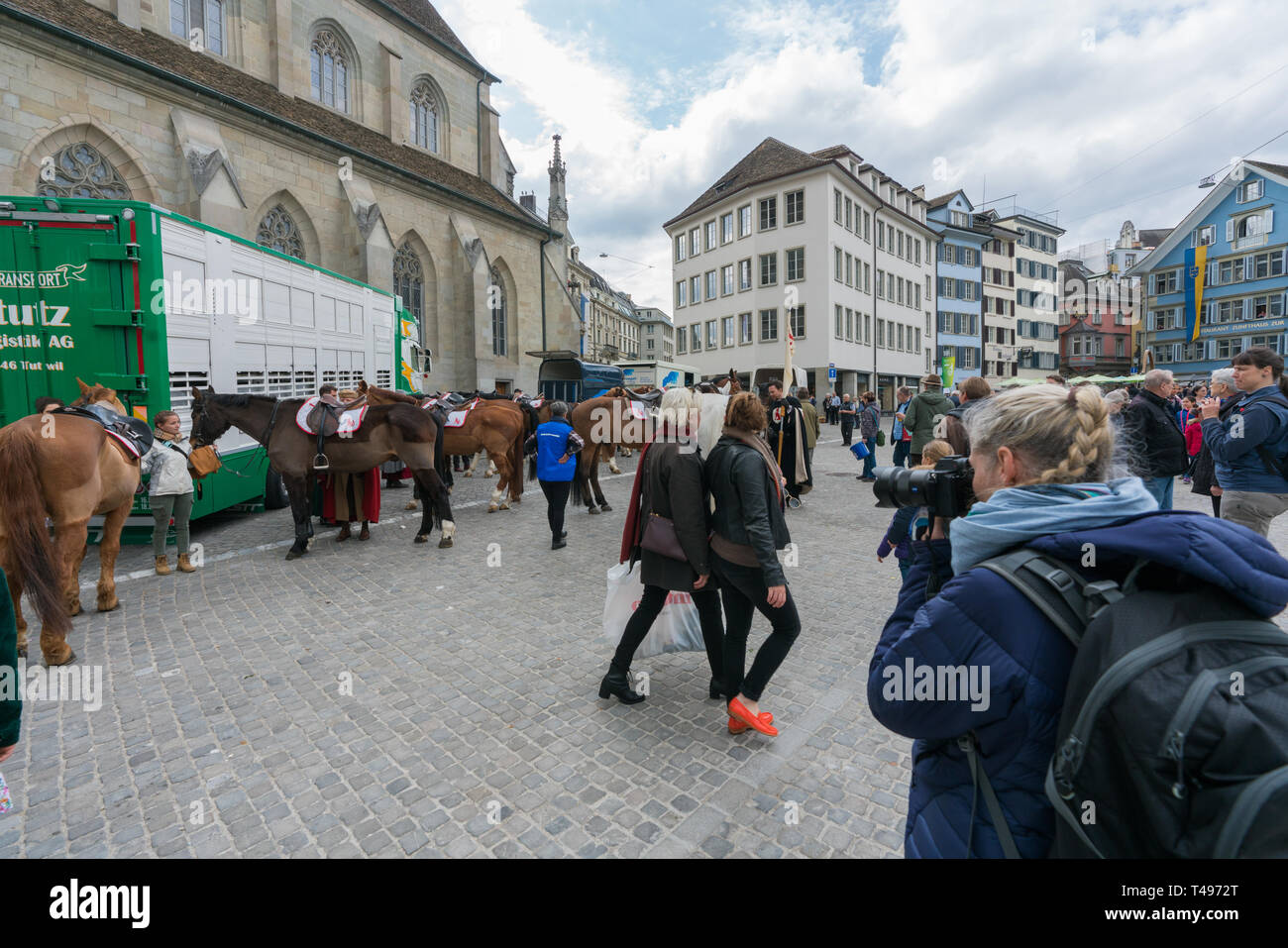 Zurich, ZH / Switzerland - April 8, 2019: traditional guildsmen on ...