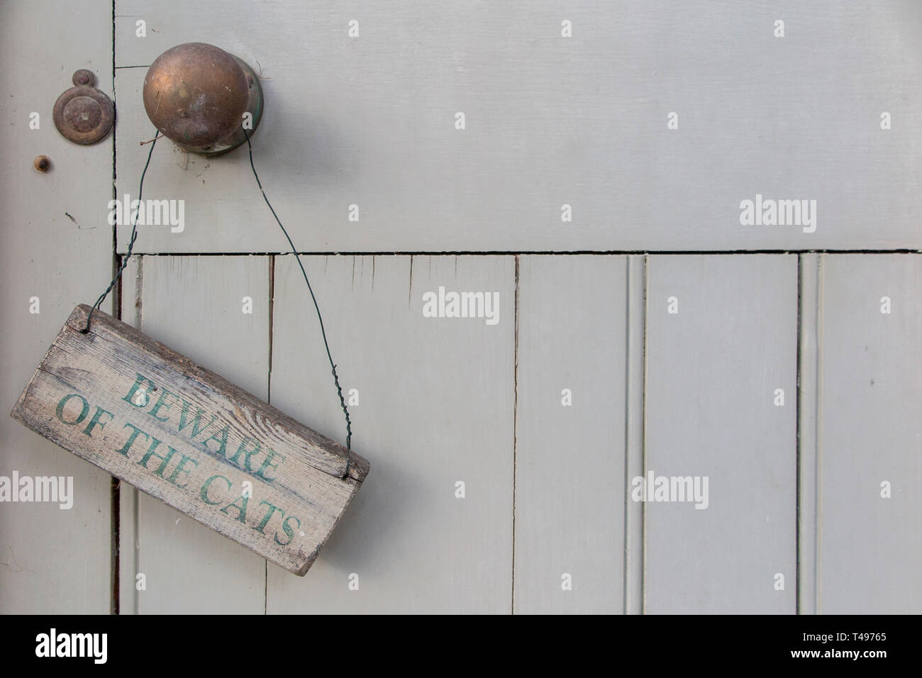 A sign warning to 'Beware of the Cats' on a weathered outside door ...