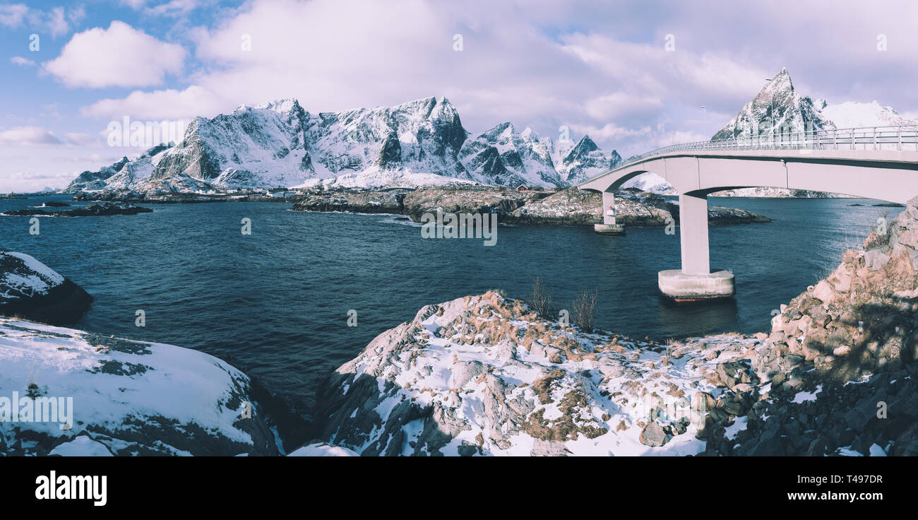 Panoramic view of the fjord and bridge near famous tourist attraction ...