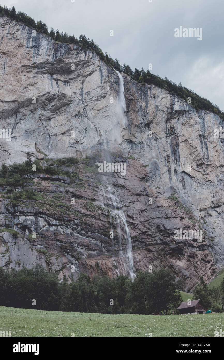 View closeup waterfall Staubbach fall in mountains, valley of ...