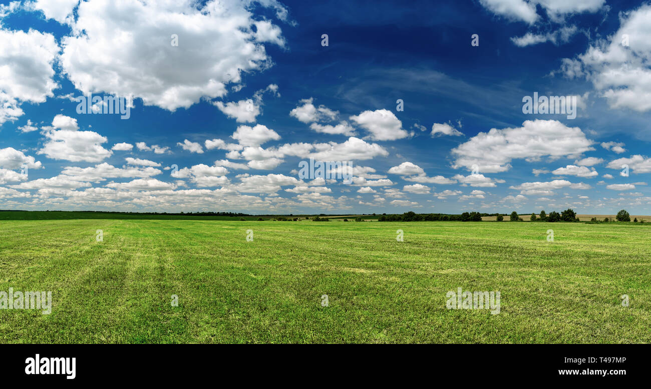 Rural landscape with field and blue sky with clouds, spring seasonal ...