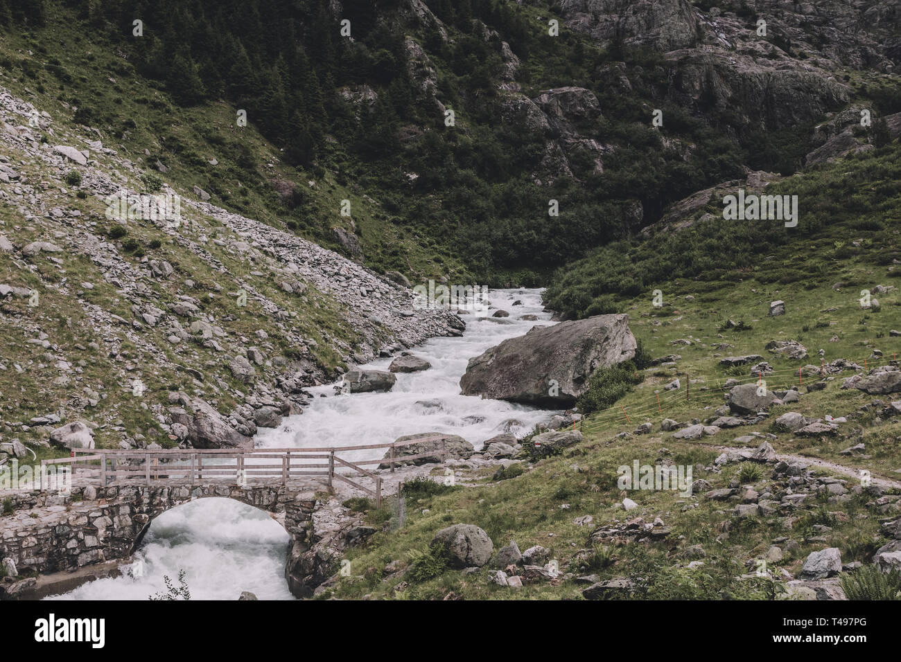 View closeup river scenes in mountains, national park Switzerland ...