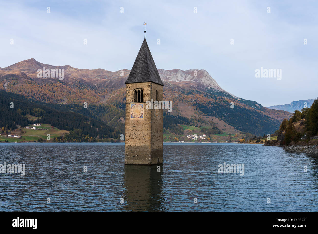 Church in the water at Lake Reschen in Tyrol in north Italy Stock Photo ...