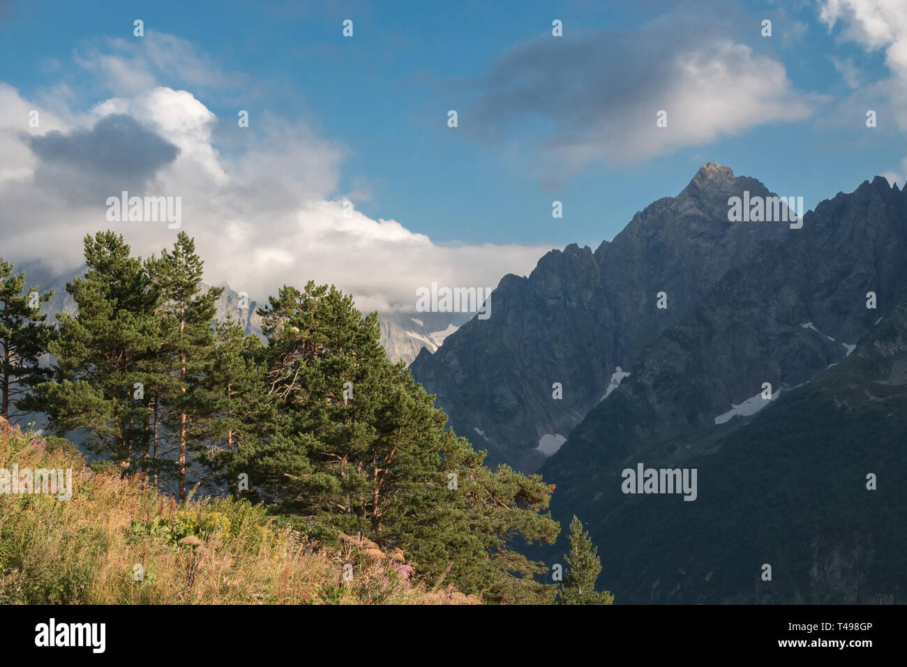 Closeup view mountains scenes in national park Dombai, Caucasus, Russia ...