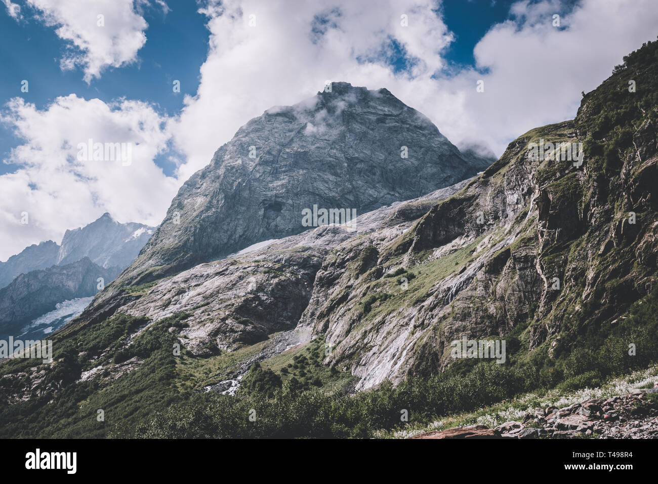 Closeup view mountains scenes in national park Dombai, Caucasus, Russia ...