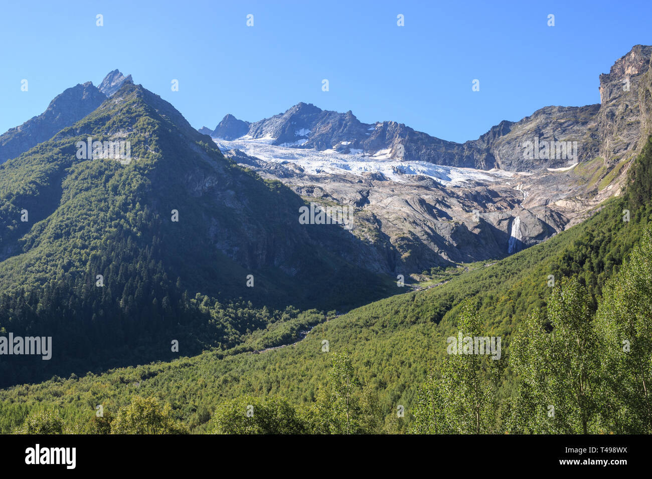 Closeup view of mountains scenes in national park Dombay, Caucasus ...
