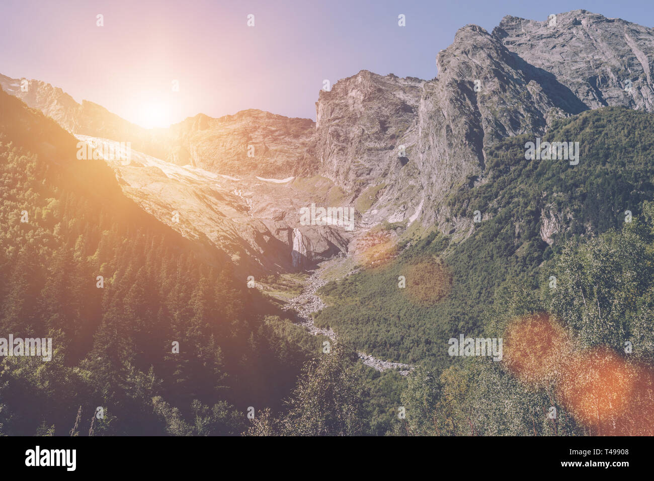 Closeup view of mountains scenes in national park Dombay, Caucasus ...
