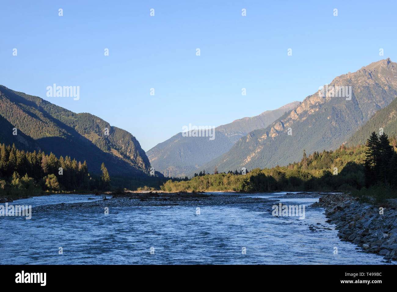 Panorama view of river scene in mountains of national park Dombay ...