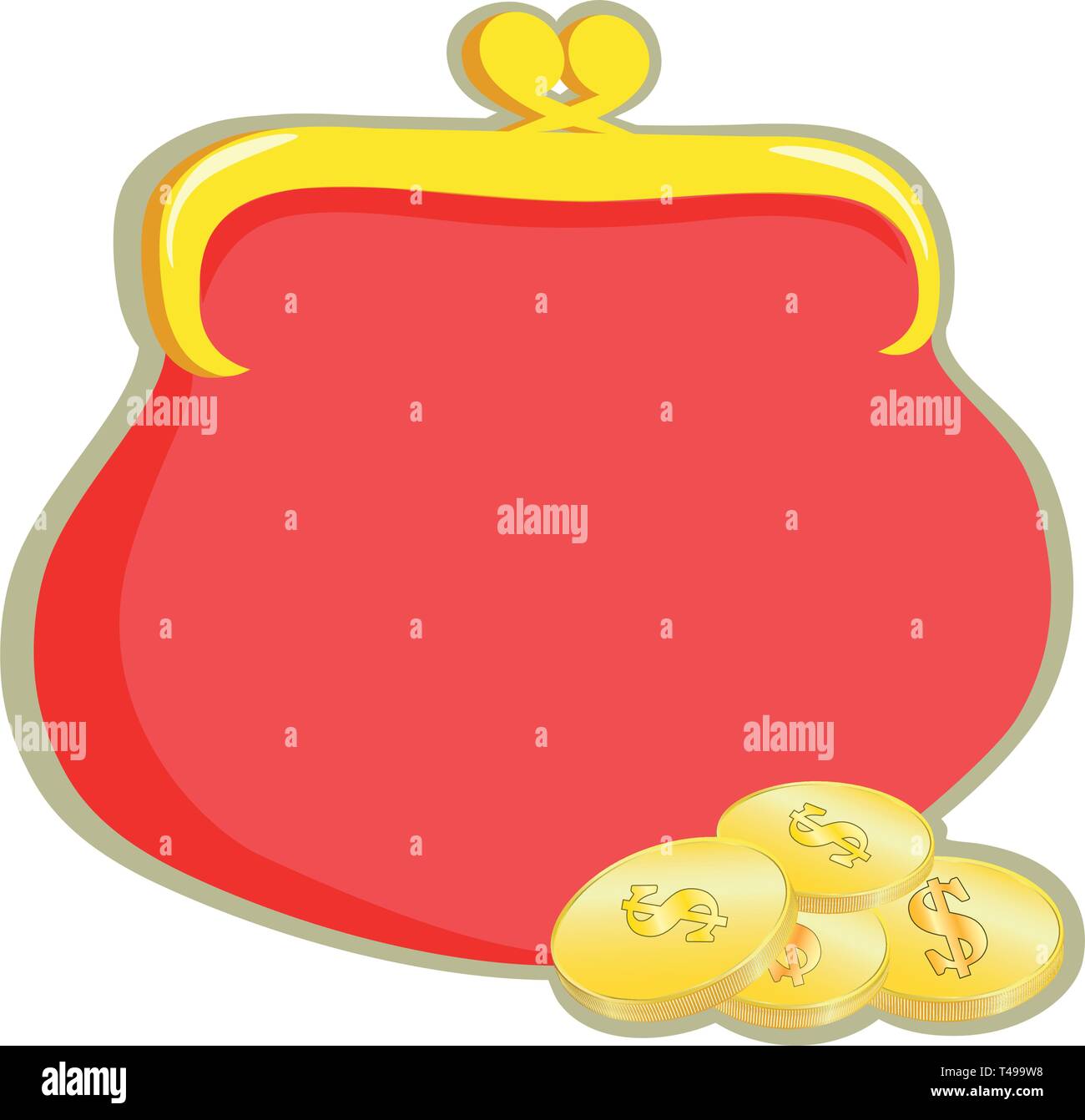 Flat drawing of a red wallet. Gold coins, cents. Isolated, white ...