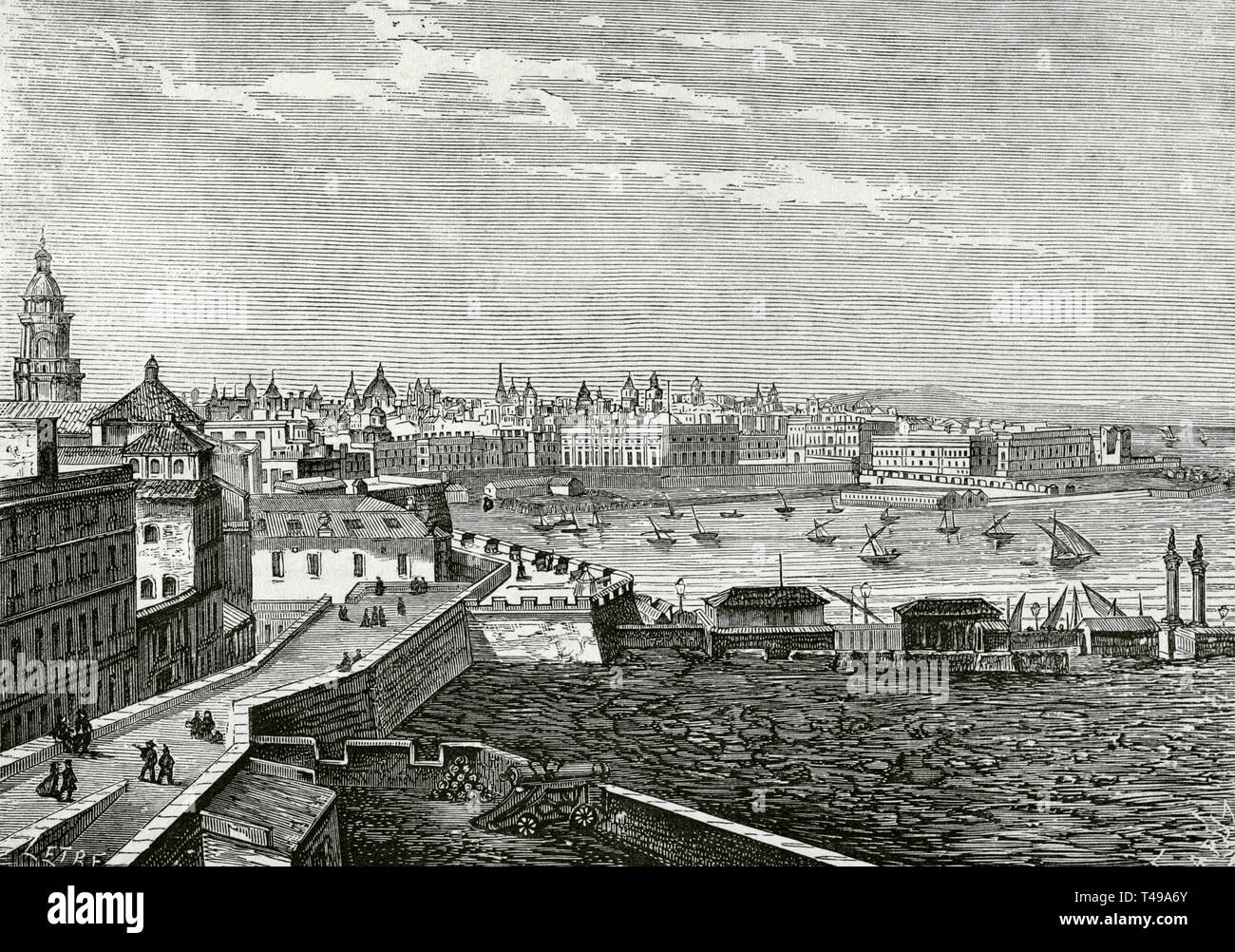 Cadiz, Andalusia, Spain. Panoramic view of the city. Drawing by Letre ...