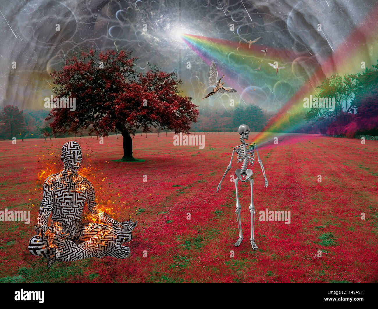 The Power of Meditation. Burning man in lotus pose and skeleton are in ...