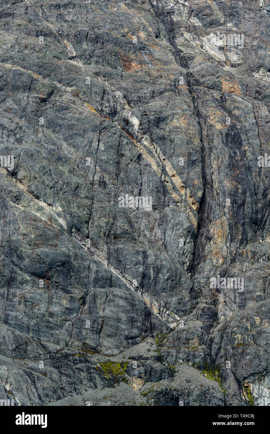 Weathered gray rock face with orange and white mineral veins as a ...