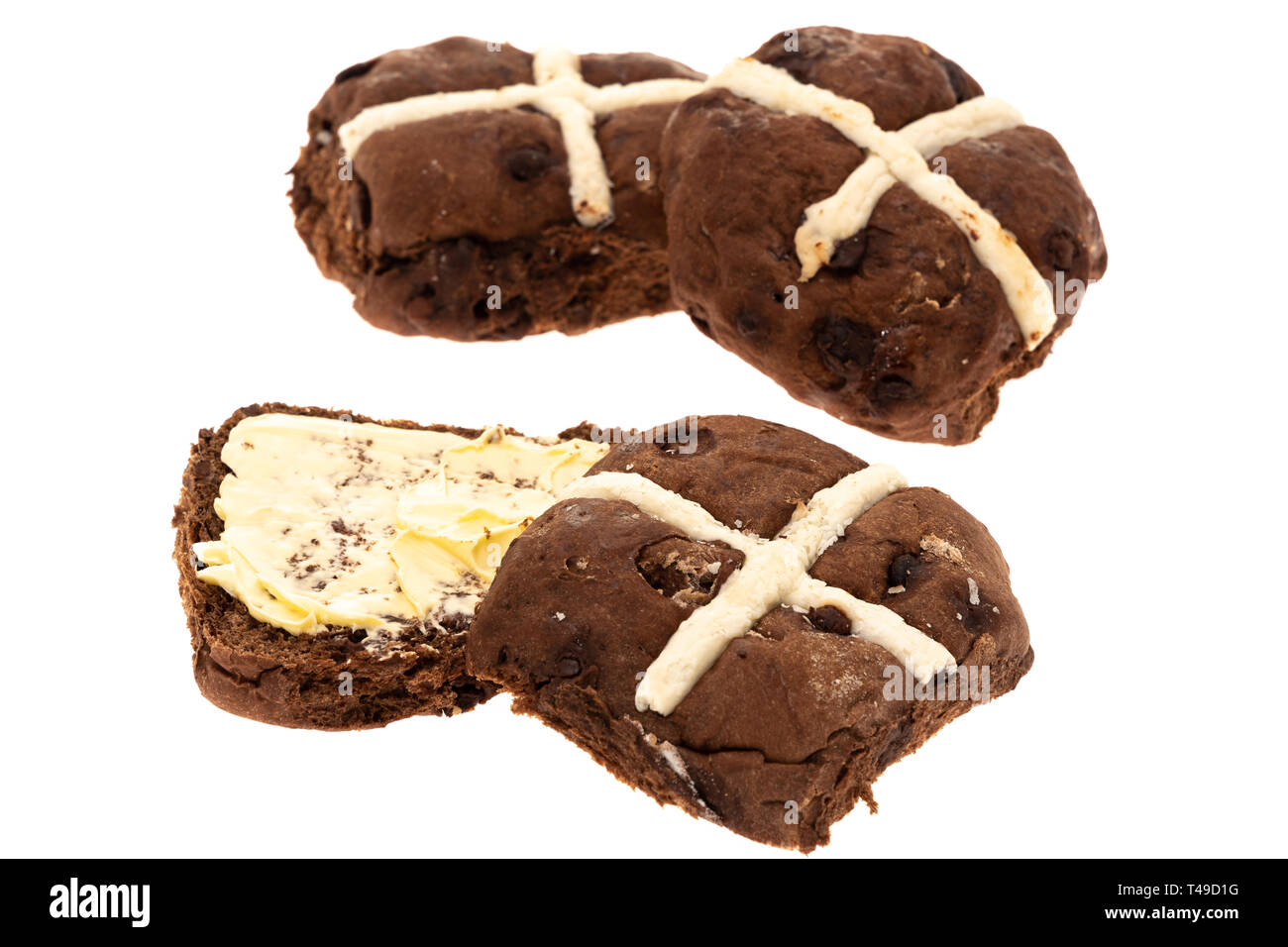 Chocolate hot cross buns - white background Stock Photo - Alamy