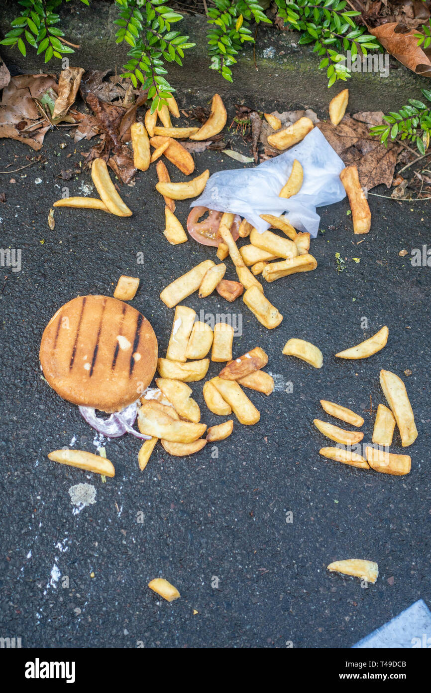 A burger and chips dropped and left on a footpath Stock Photo - Alamy