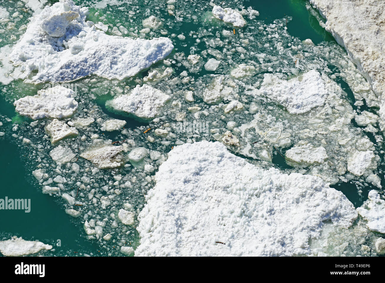 View of frozen ice chunks breaking and melting into the Niagara River ...