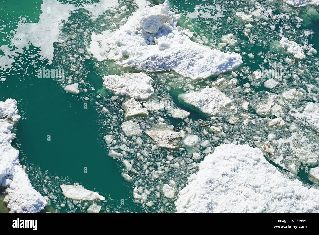 View of frozen ice chunks breaking and melting into the Niagara River ...