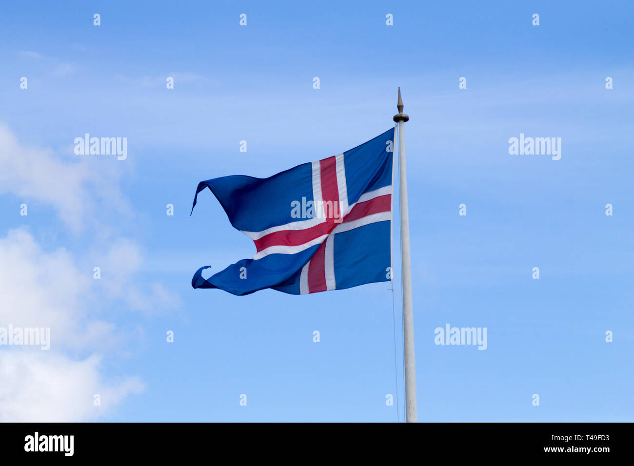 Iceland flag that waves in wind, Icelandic flag view Stock Photo - Alamy