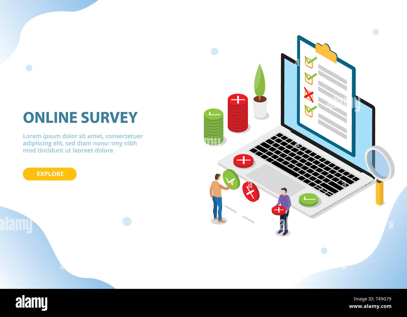online survey technology concept with people and laptop with checklist ...