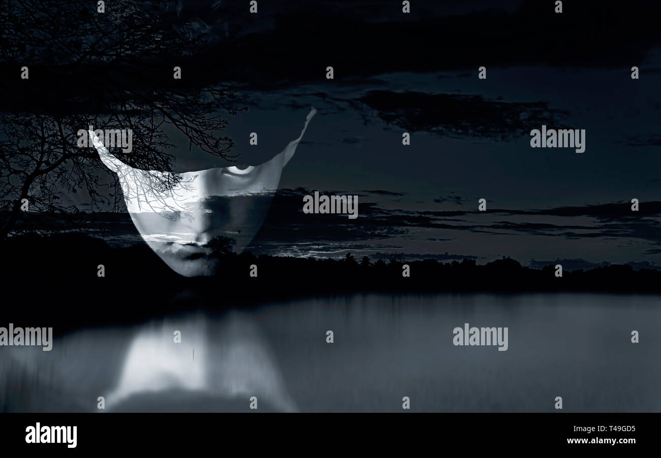 Double exposure portrait of young male fashion model with sunset image ...