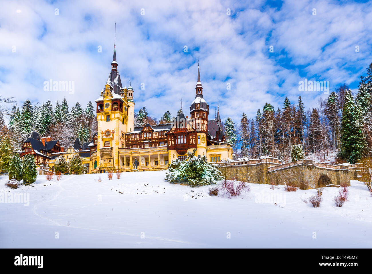 Peles castle Sinaia in winter season, Transylvania, Romania Stock Photo ...