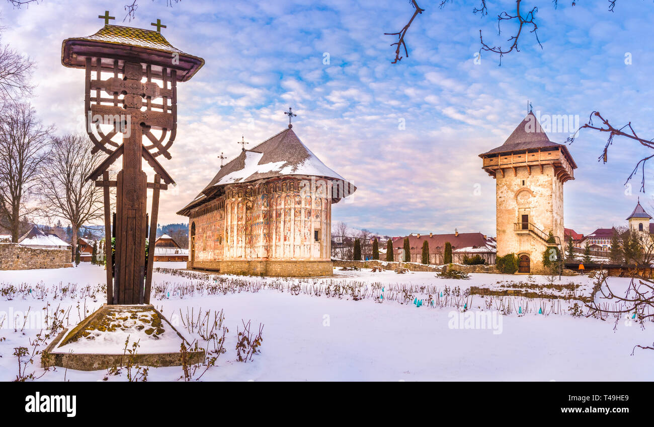 Gura Humorului monastery, christian orthodox church in winter season ...