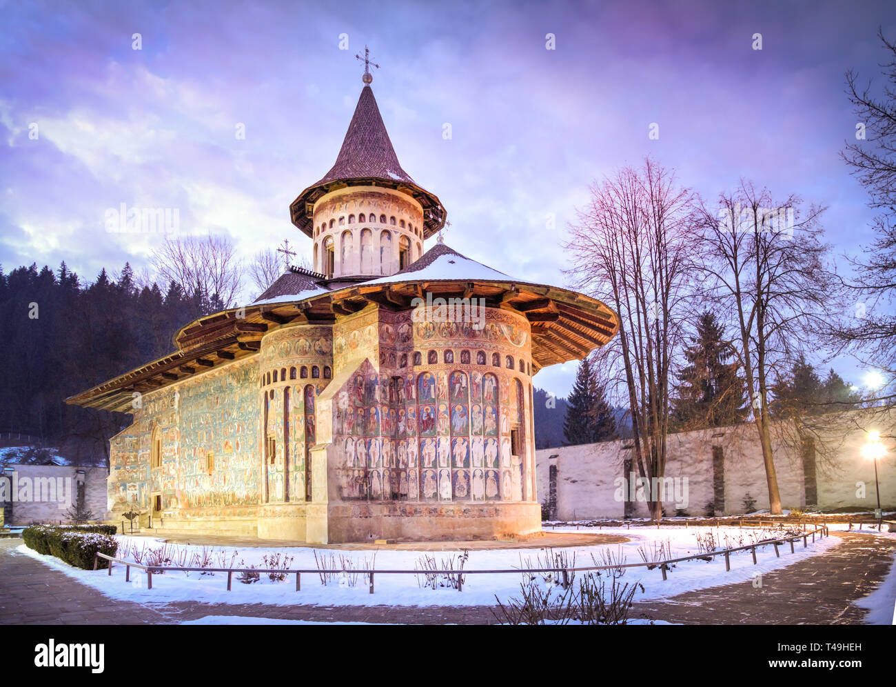 Voronet orthodox painted church monastery in winter season, Moldavia ...