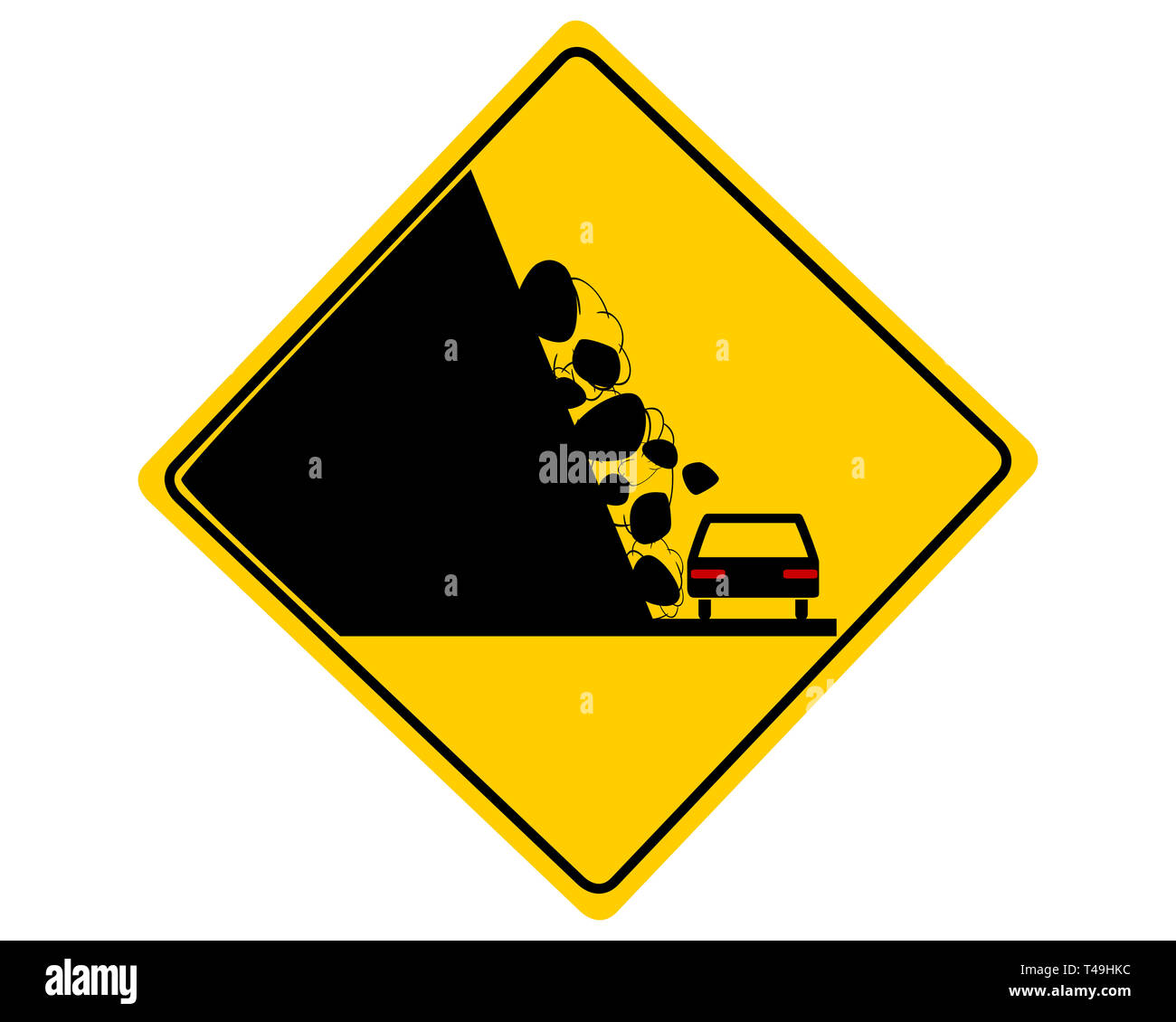 Traffic sign with car and falling rocks Stock Photo - Alamy