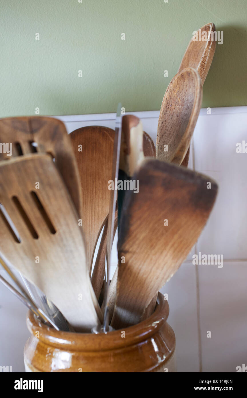 collection of wooden kitchen utensils in a modern kitchen Stock Photo ...