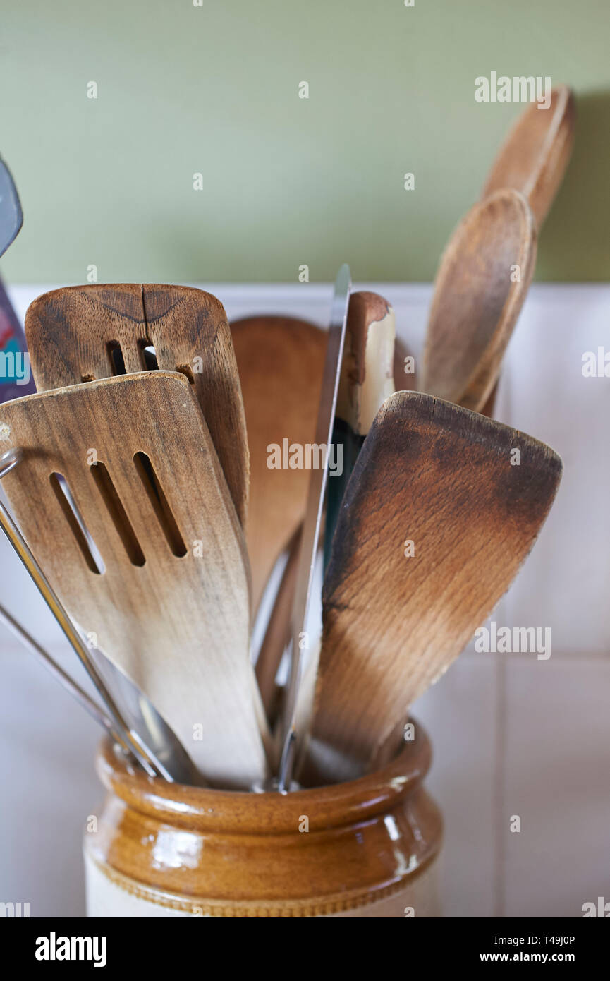 collection of wooden kitchen utensils in a modern kitchen Stock Photo ...