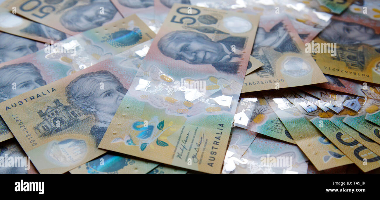 Australian fifty dollar banknotes. The new 2019 issue bill is designed ...