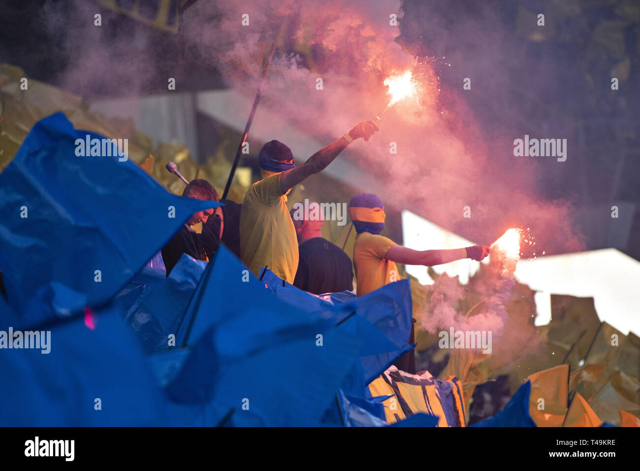 Brondby, Denmark. 14th Apr, 2019. Brondby fans during the Superleague ...