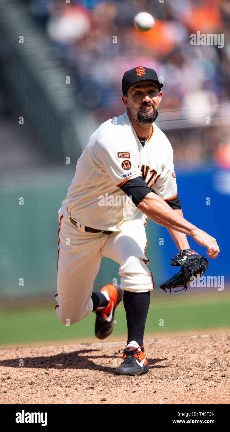 San Francisco, California, USA. 14th Apr, 2019. San Francisco Giants relief pitcher Nick Vincent ...