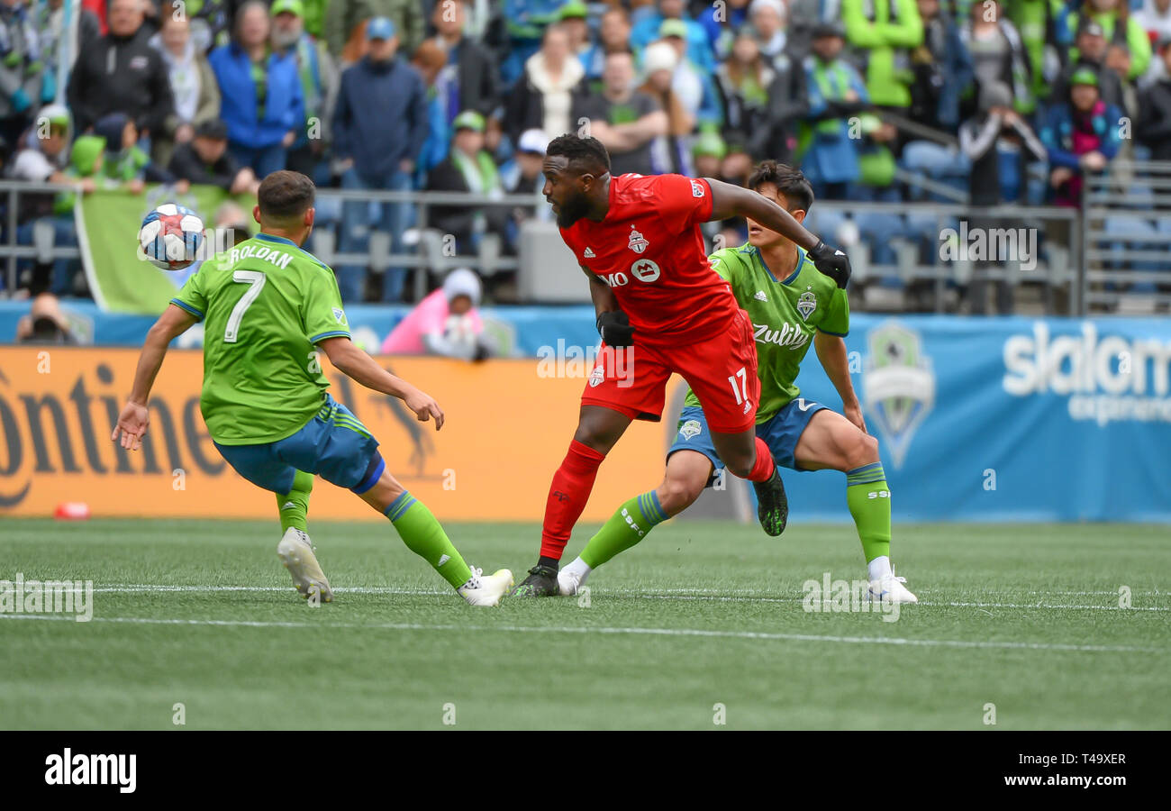 Seattle, Washington, USA. 13th Apr, 2019. Jozy Alitdore (17) is ...