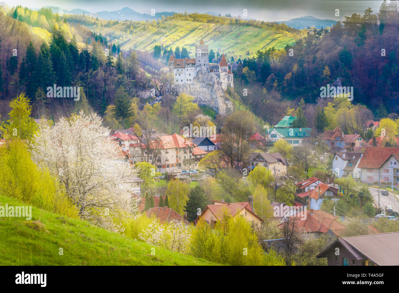 Rural landscape Bran in spring season, Transylvania landmark, Romania ...