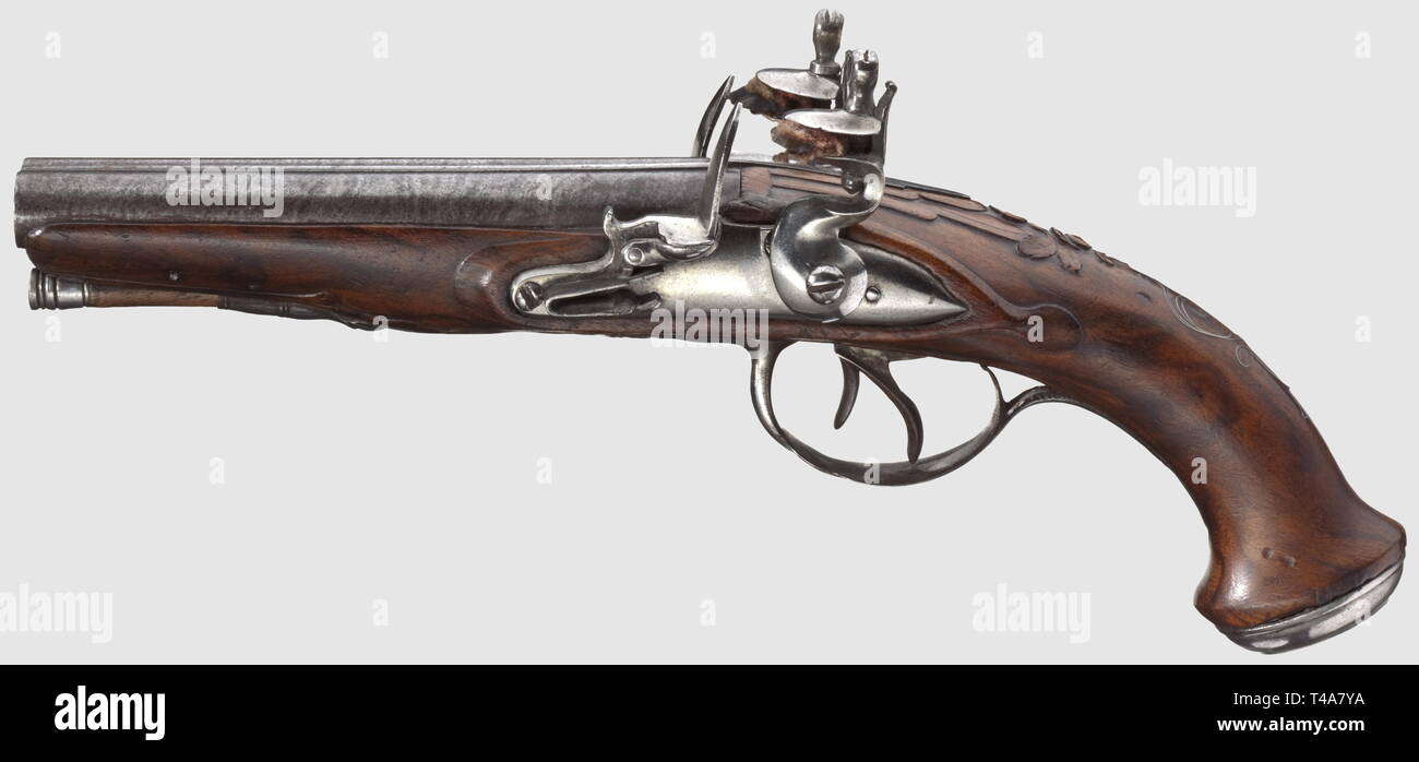 A pair of French double-barrelled flintlock pistols, circa 1780. Damascus side-by-side barrels ...
