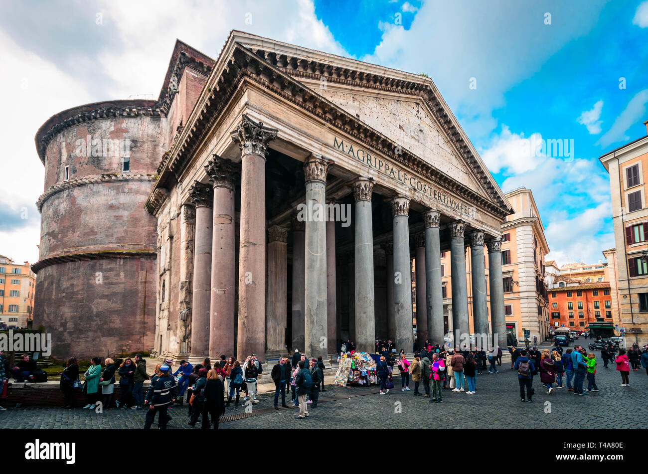 View of ancient Roman Pantheon and fountain located in Rotonda square ...