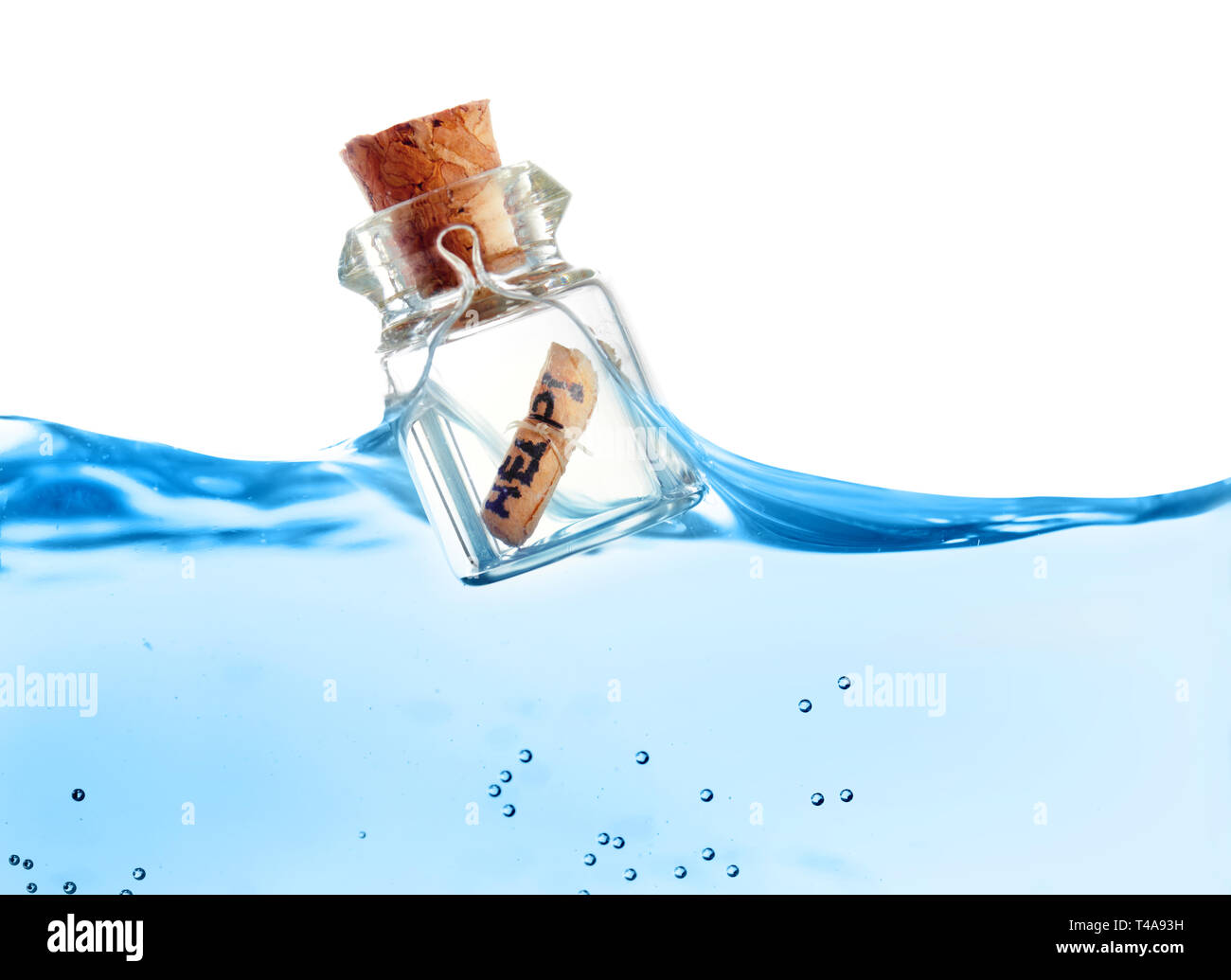 Bottle with help message floating in water Stock Photo - Alamy